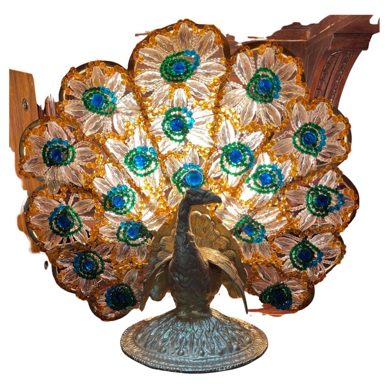 Antique Hollywood Regency Bohemian Beaded and Gilt Bronze Peacock Lamp ...