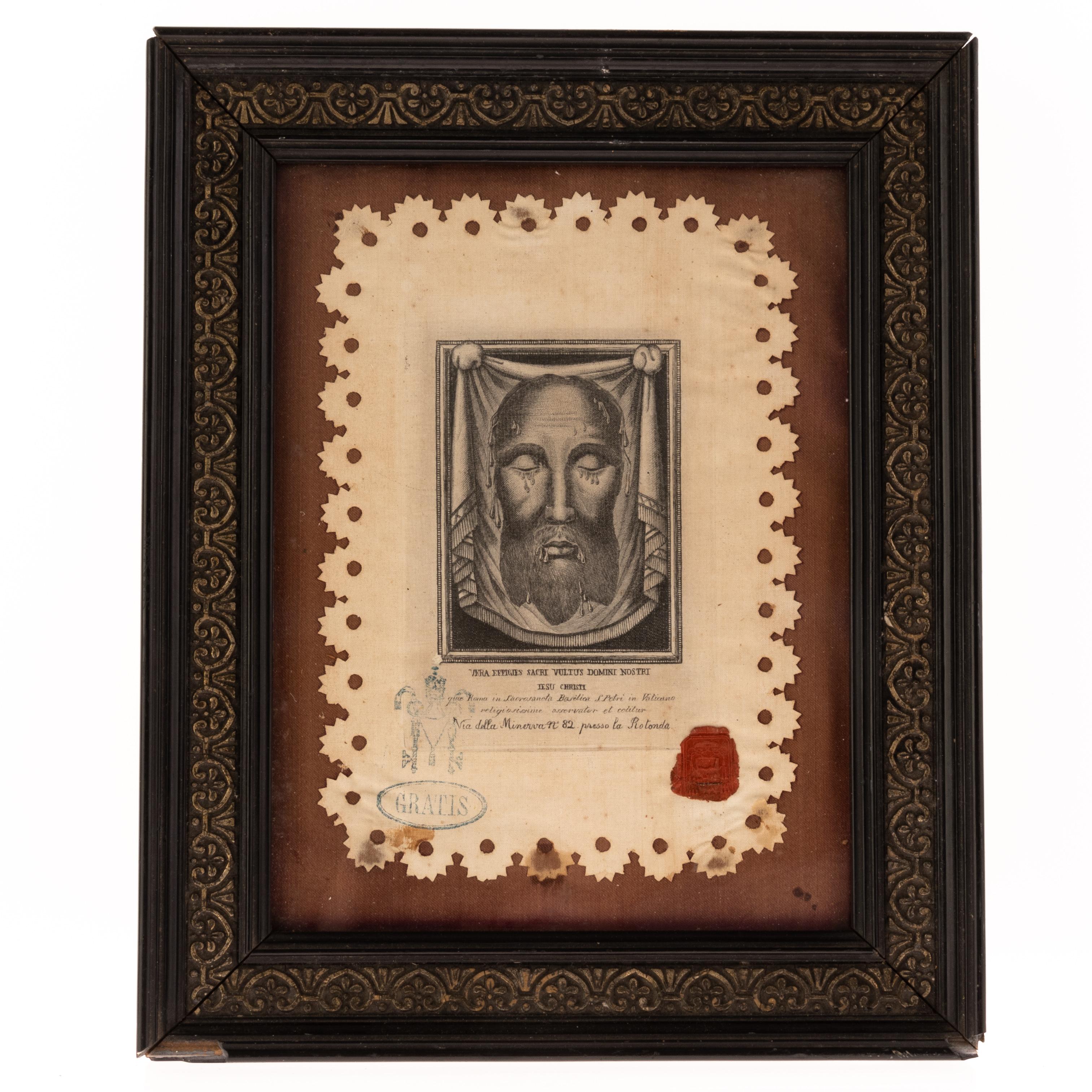 Antique "Holy Face of Jesus Christ" Engraving on Silk with Papal and ...