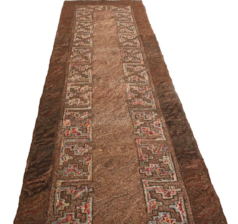 Antique Hooked Brown and Green Wool Floral Runner at 1stDibs