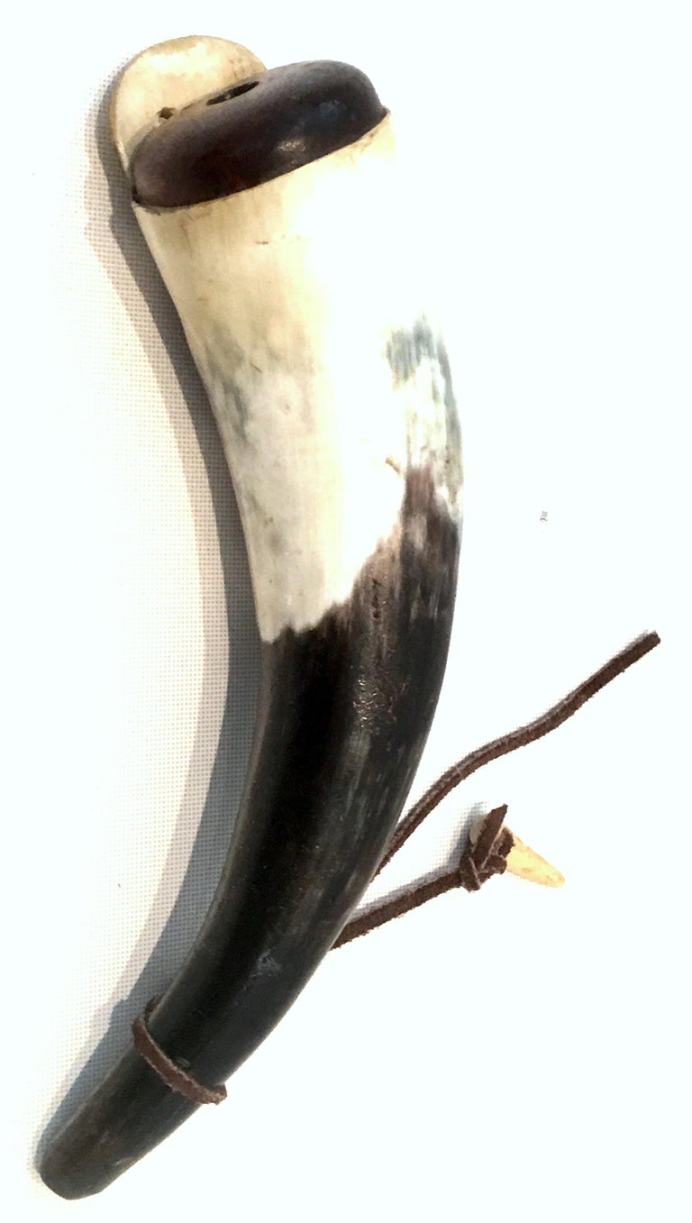 Antique Horn Carved Scrimshaw Powder Horn Flask For Sale at 1stDibs