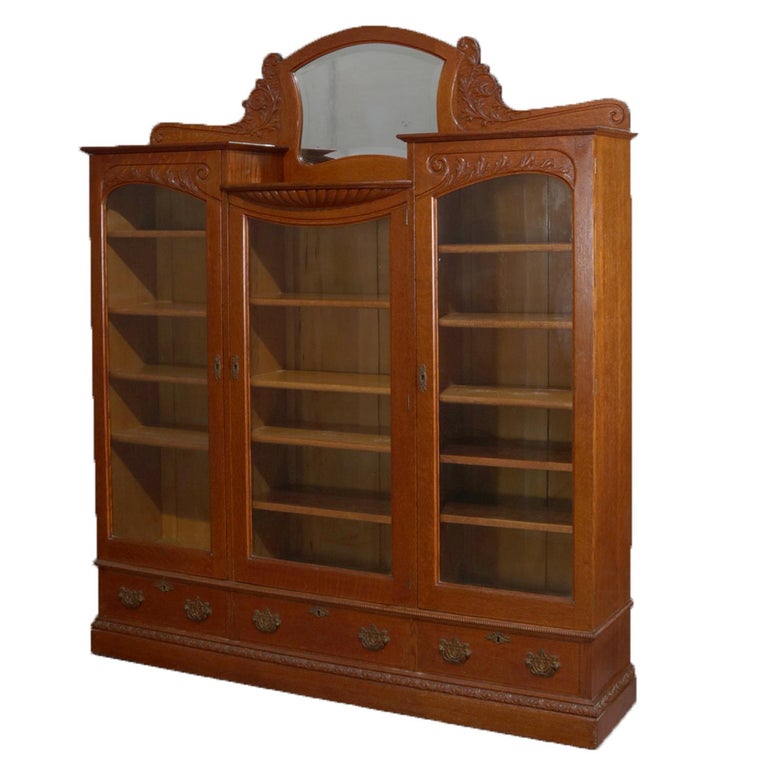 Antique Horner School Carved Golden Oak Three-Door Mirrored Bookcase ...
