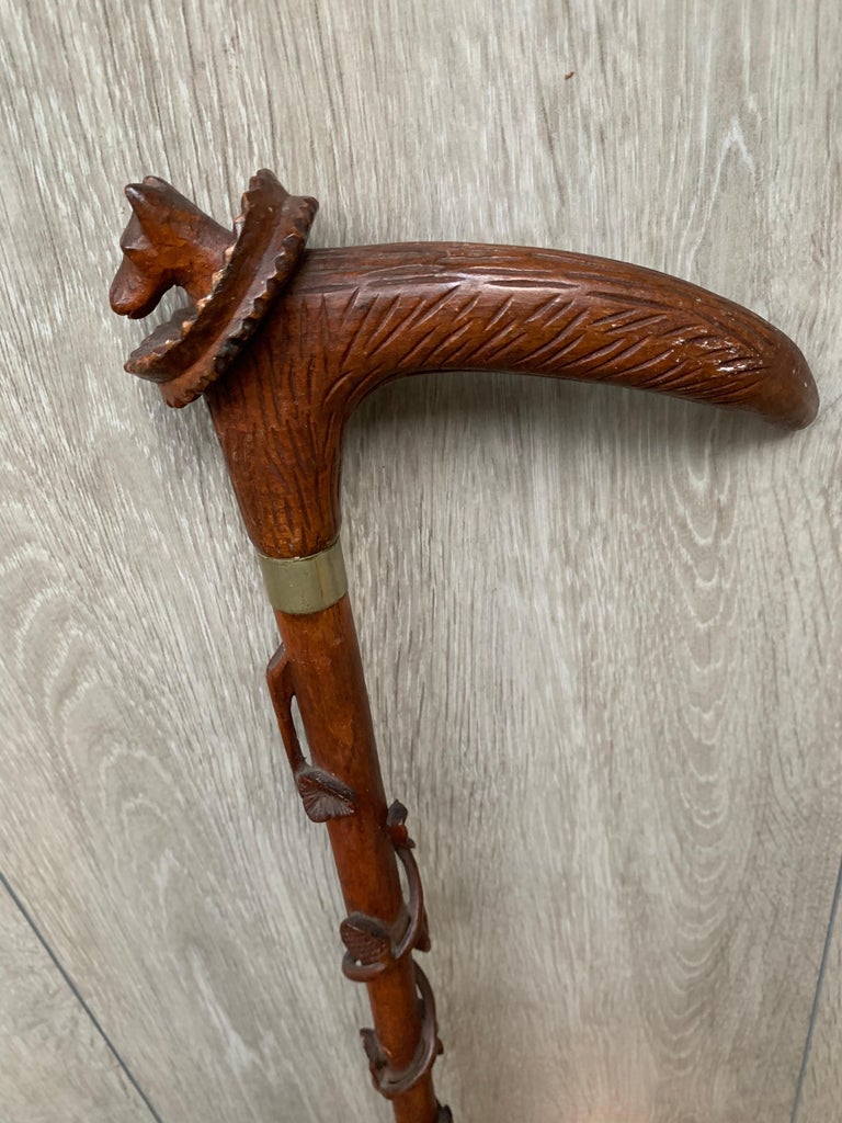 Hunting Cane Walking Stick with Carved Terrier Head and Leaves All ...