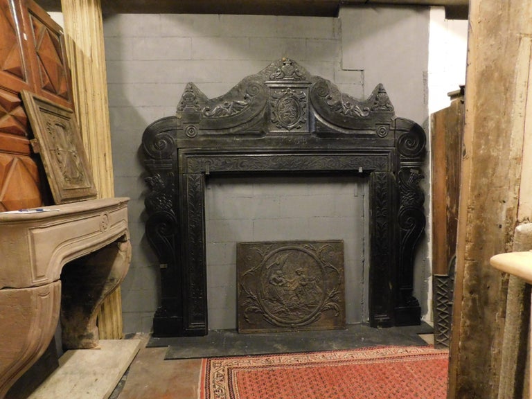 Antique Imposing Fireplace Black Slate, Noble Coat of Arms, 16th ...