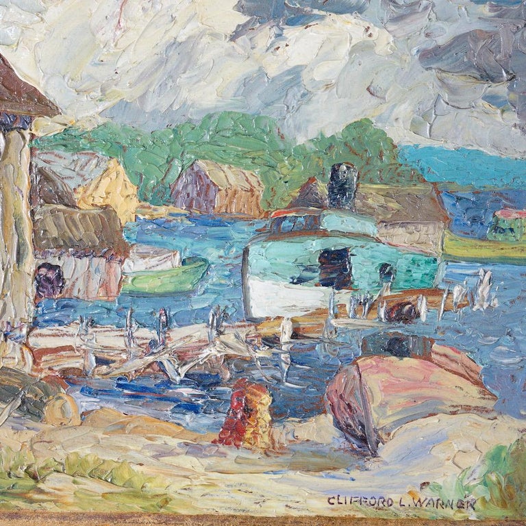 Antique Impressionistic Harbor Painting on Board by Clifford L Warner ...