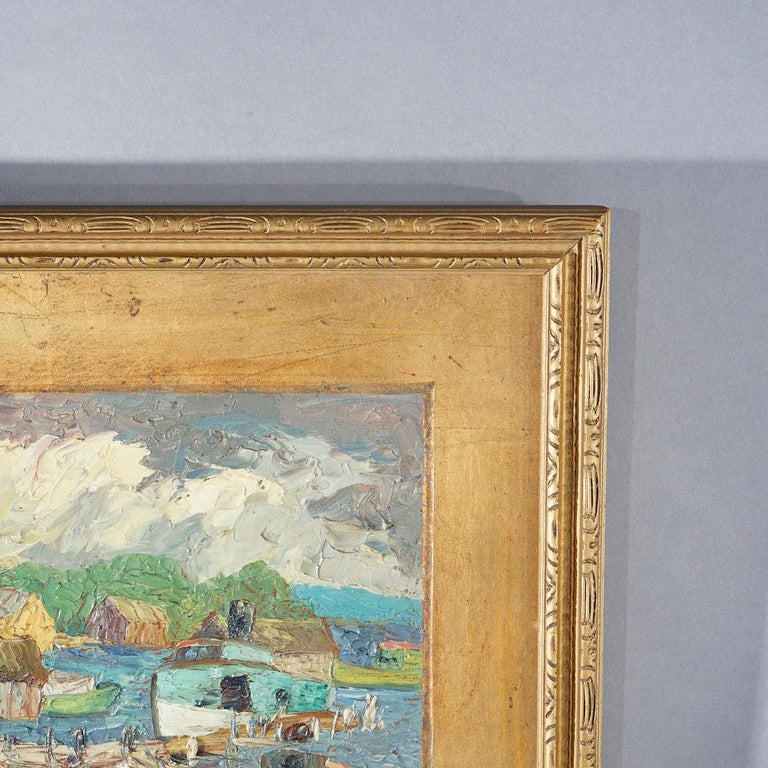 Antique Impressionistic Harbor Painting on Board by Clifford L Warner ...