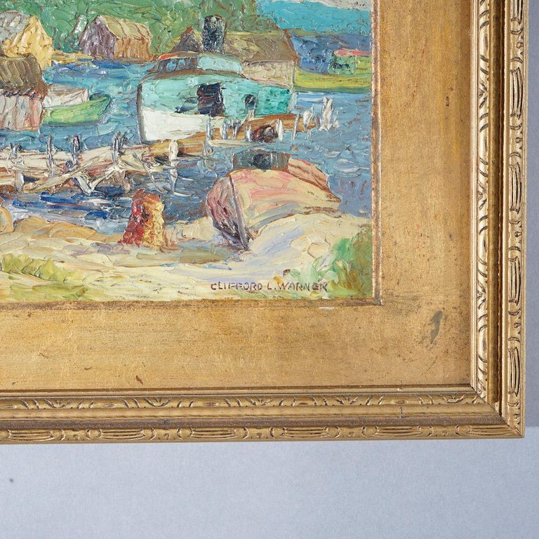 Antique Impressionistic Harbor Painting on Board by Clifford L Warner ...