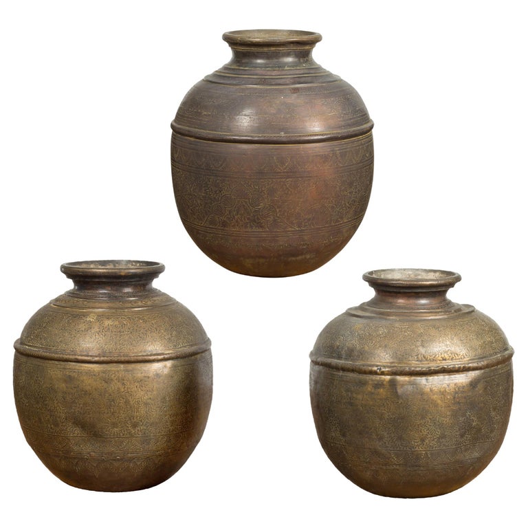 Antique Indian 19th Century Brass Water Vessels with Foliage Décor ...