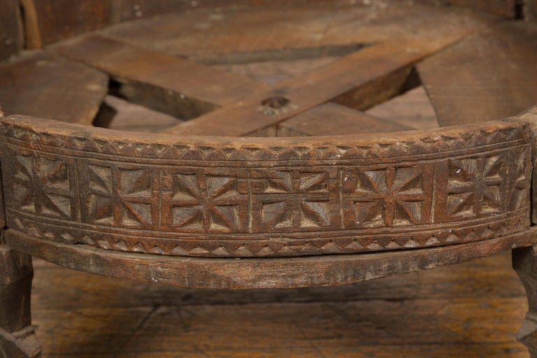 Antique Indian Chakki Grinding Table with Hand-Carved Geometric Décor ...
