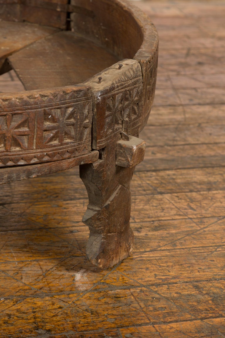 Antique Indian Chakki Grinding Table with Hand-Carved Geometric Décor ...