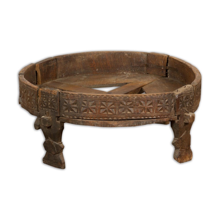Antique Indian Chakki Grinding Table with Hand-Carved Geometric Décor ...