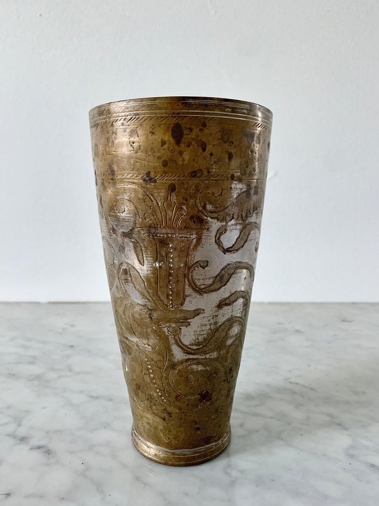 Antique Indian Etched Brass Metal Lassi Cups or Vases, Pair For Sale at ...