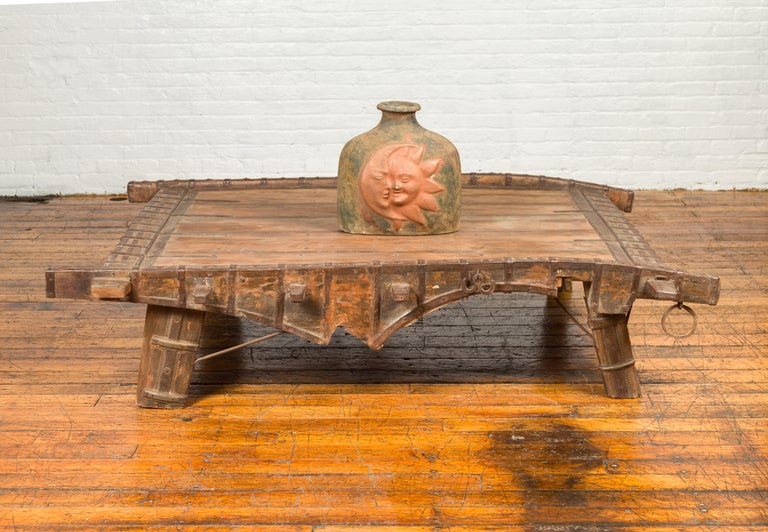 Antique Indian Rustic Wooden Ox Cart with Metal Accents Made into a ...
