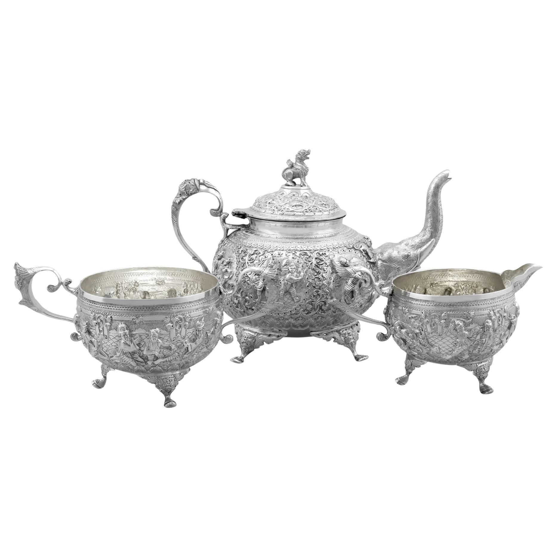 Antique Indian Silver Three Piece Tea Service For Sale at 1stDibs