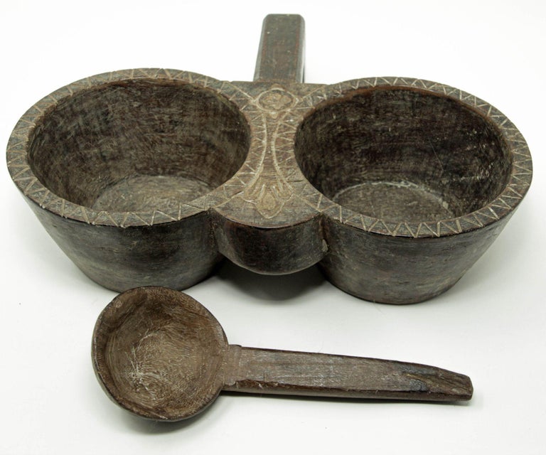 Antique Indian Teak wood Large Container with Rustic Carving and Spoon ...