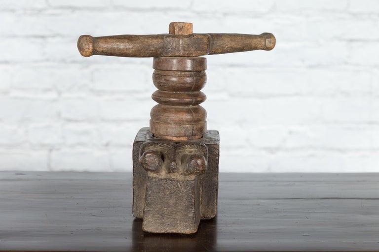 Antique Indian Wooden Hand Noodle Grinder with Carved Ram and Vice ...