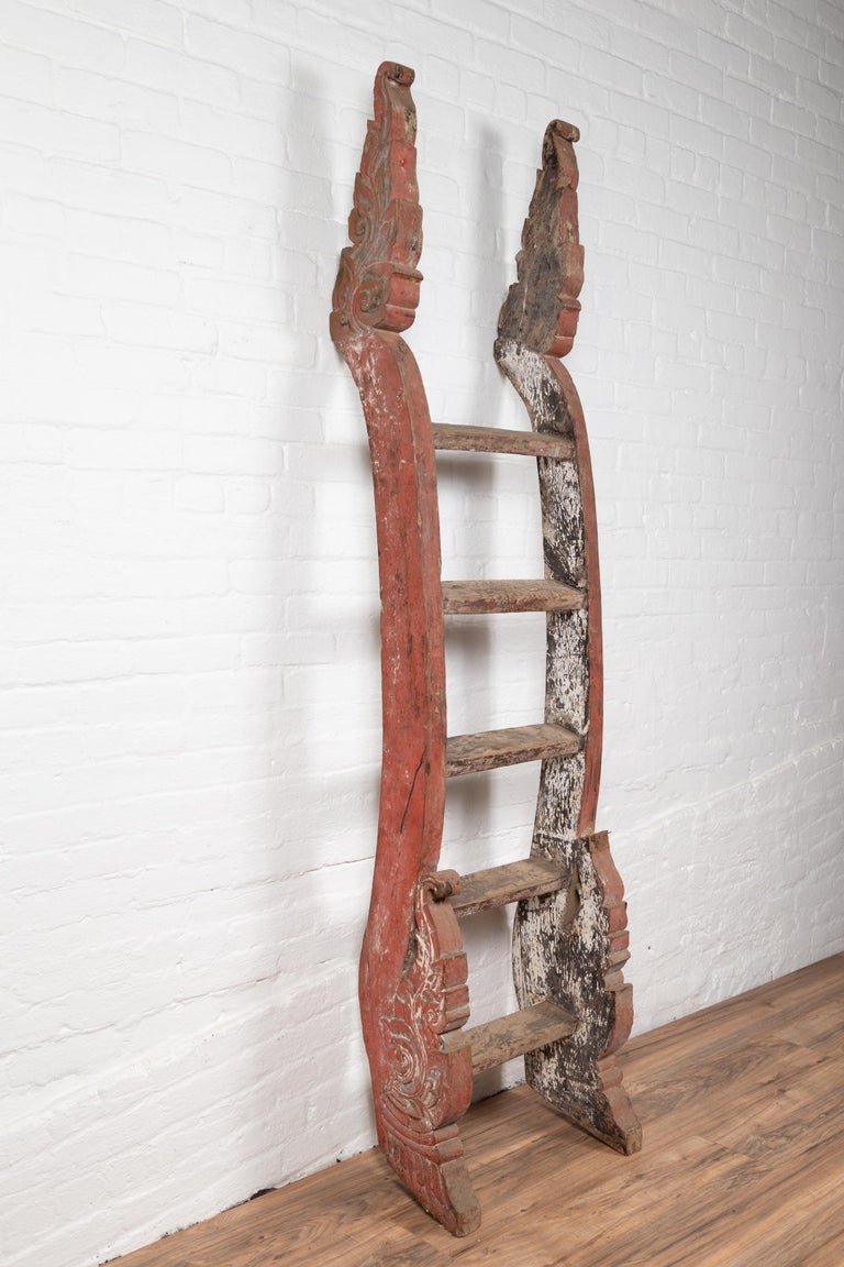 Antique Indonesian Red Painted and Hand Carved Ladder with Distressed ...