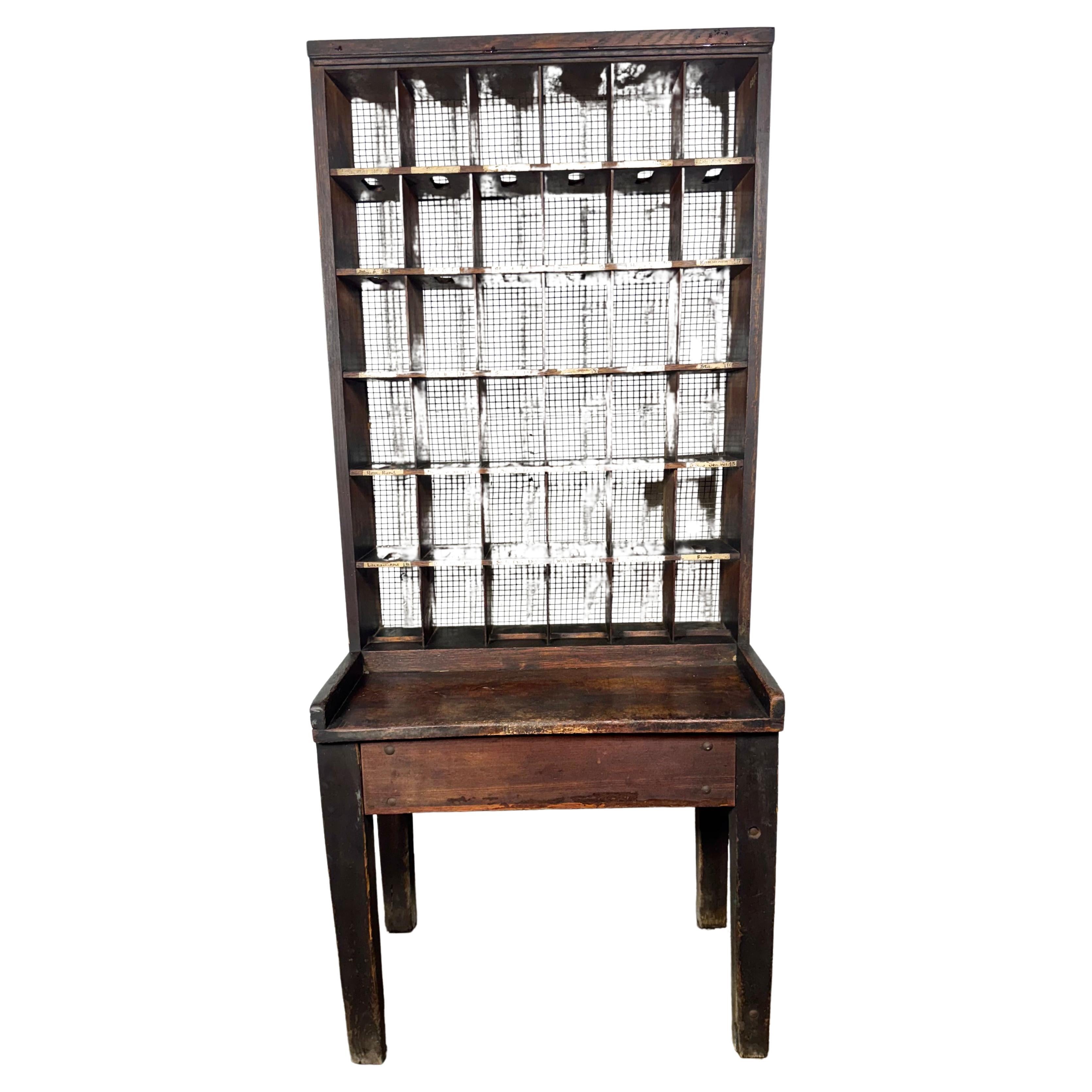 Antique / Industrial 36 cubby hole post office sorting desk / bathroom ...