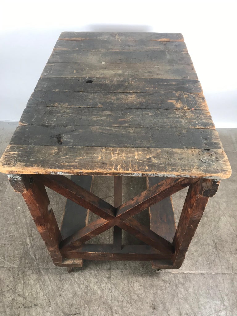 Antique Industrial Factory Work Table on Iron Castors For Sale at ...