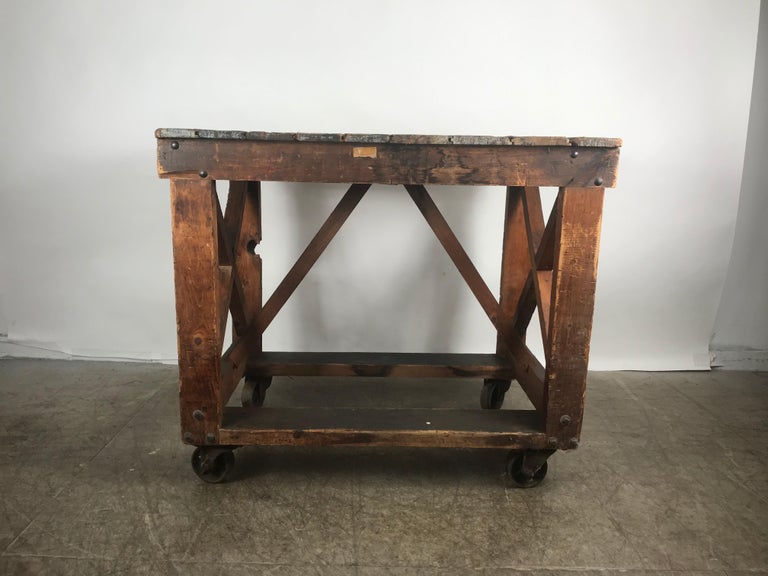 Antique Industrial Factory Work Table on Iron Castors For Sale at ...