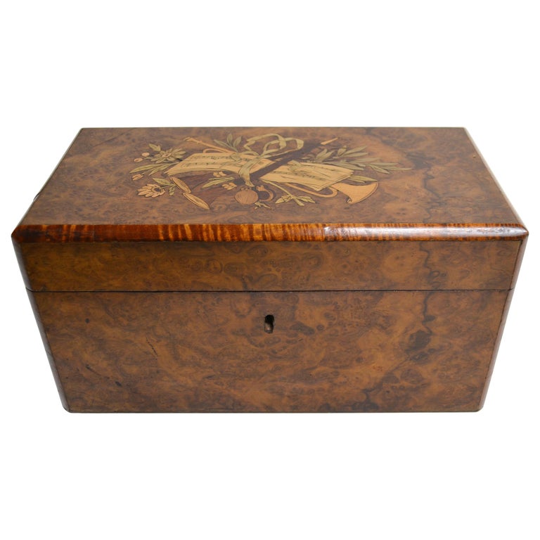 Antique Inlaid Briarwood Tea Caddy with Fitted Interior For Sale at 1stDibs