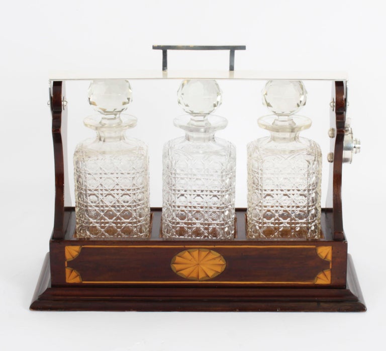 Antique Inlaid Walnut Three Cut Crystal Decanter Tantalus 19th Century ...