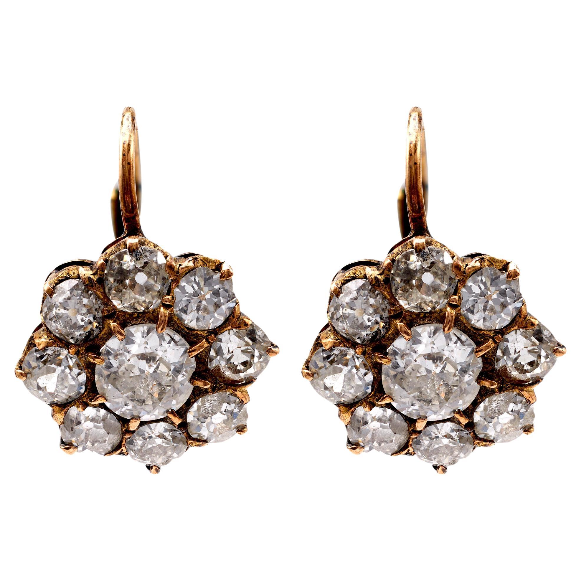 Antique Inspired 5.51 Carat Diamond 18k Gold Cluster Earrings For Sale ...