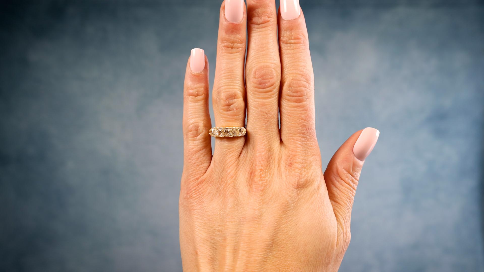 Antique Inspired Old Mine Cut Diamond 18k Yellow Gold Five Stone Band ...