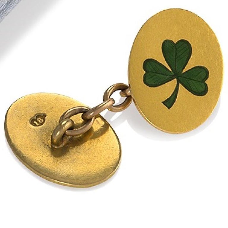 Antique Irish Double Sided Gold and Enamel 'Shamrock' Cuff Links at 1stDibs