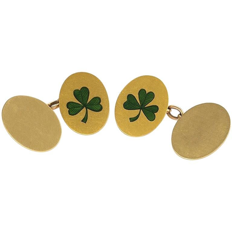 Antique Irish Double Sided Gold and Enamel 'Shamrock' Cuff Links at 1stDibs