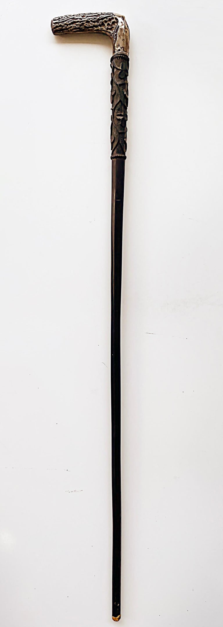 Antique Irish Walking Stick, Sterling Handle and Shamrock Carvings For ...