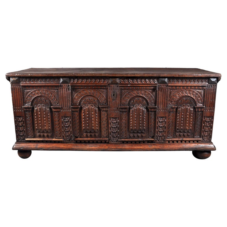 Antique Italian Baroque Carved Oak Paneled Cassone / Coffer / Chest ...