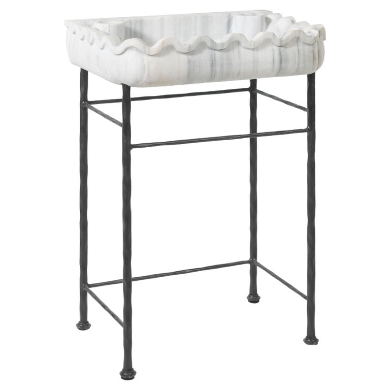 Antique Italian Carrera Marble Sink Basin with Hand Forged Iron Stand ...