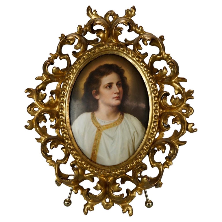 Antique Italian Hand Painted Porcelain Portrait, Young Jesus, Gilt ...