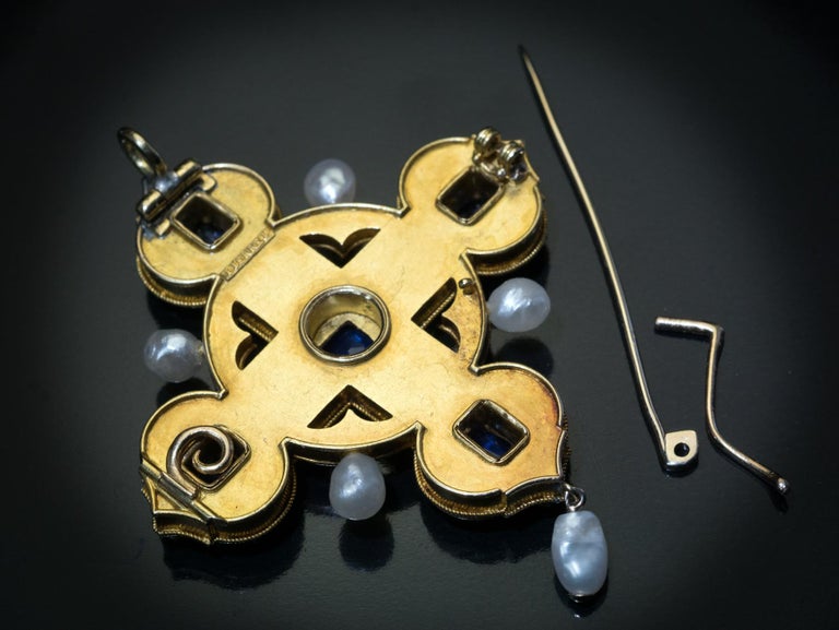 Antique Italian Medieval Style Jeweled Gold Cross Pendant Brooch at ...