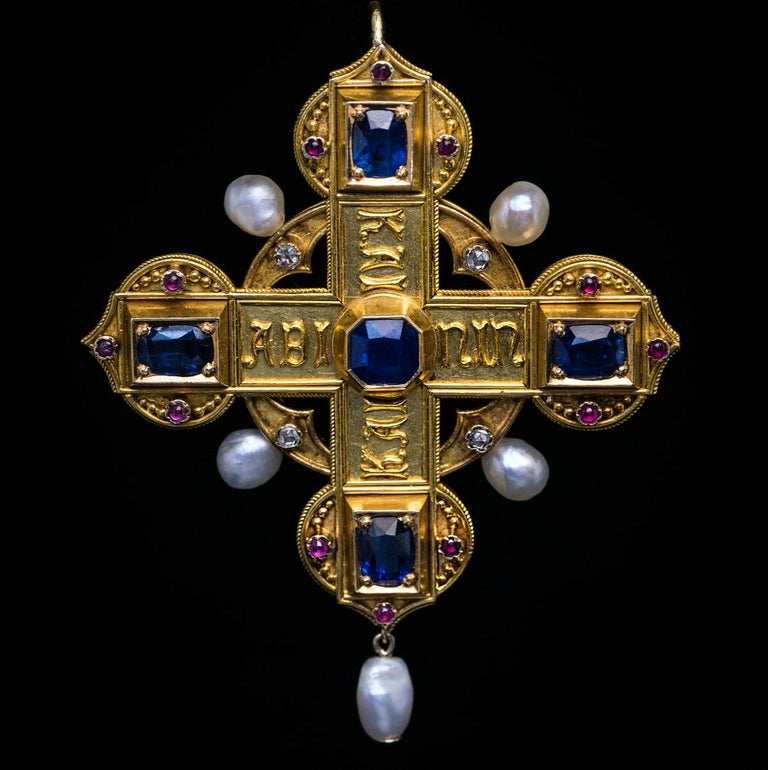 Antique Italian Medieval Style Jeweled Gold Cross Pendant Brooch at ...