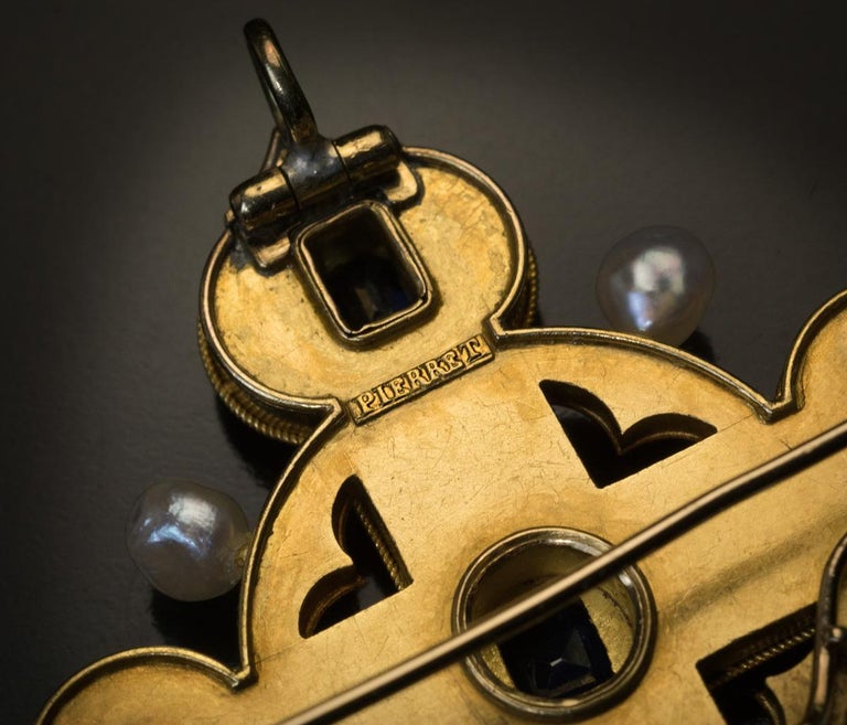 Antique Italian Medieval Style Jeweled Gold Cross Pendant Brooch at ...