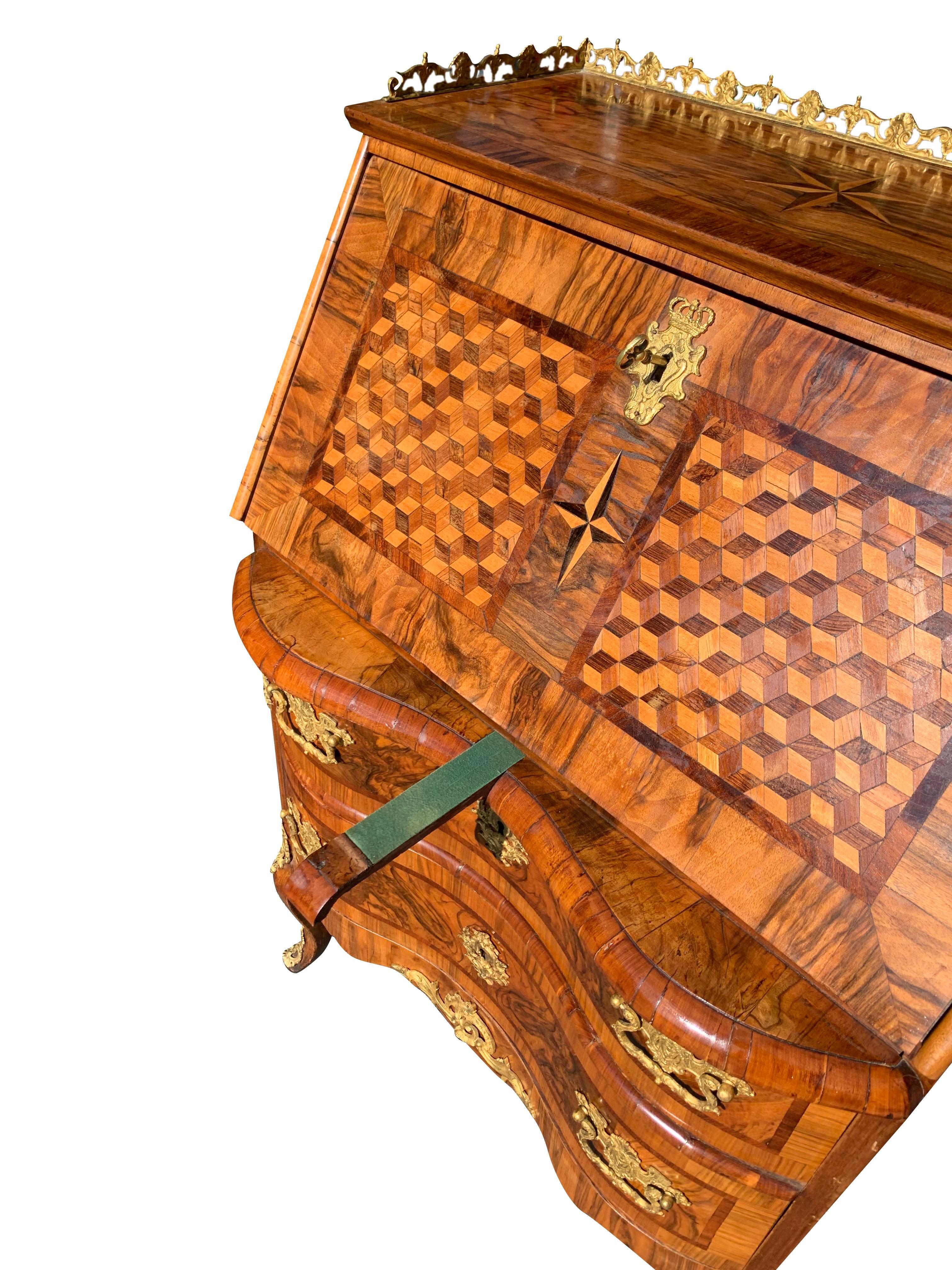 Antique Italian Parquet Style Wood Secretary Desk With Brass Accents ...