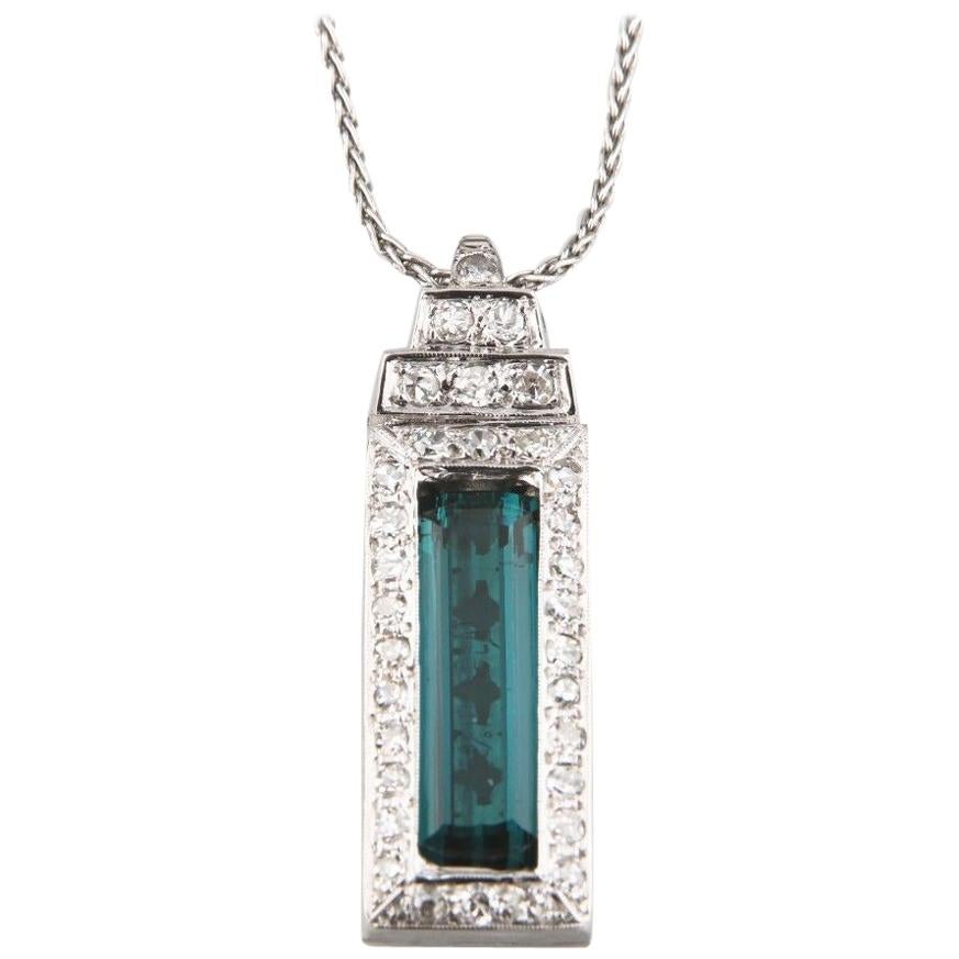 Antique Italian Platinum Pendant .50 Carat Diamond 5.0 Carat Tourmaline ...