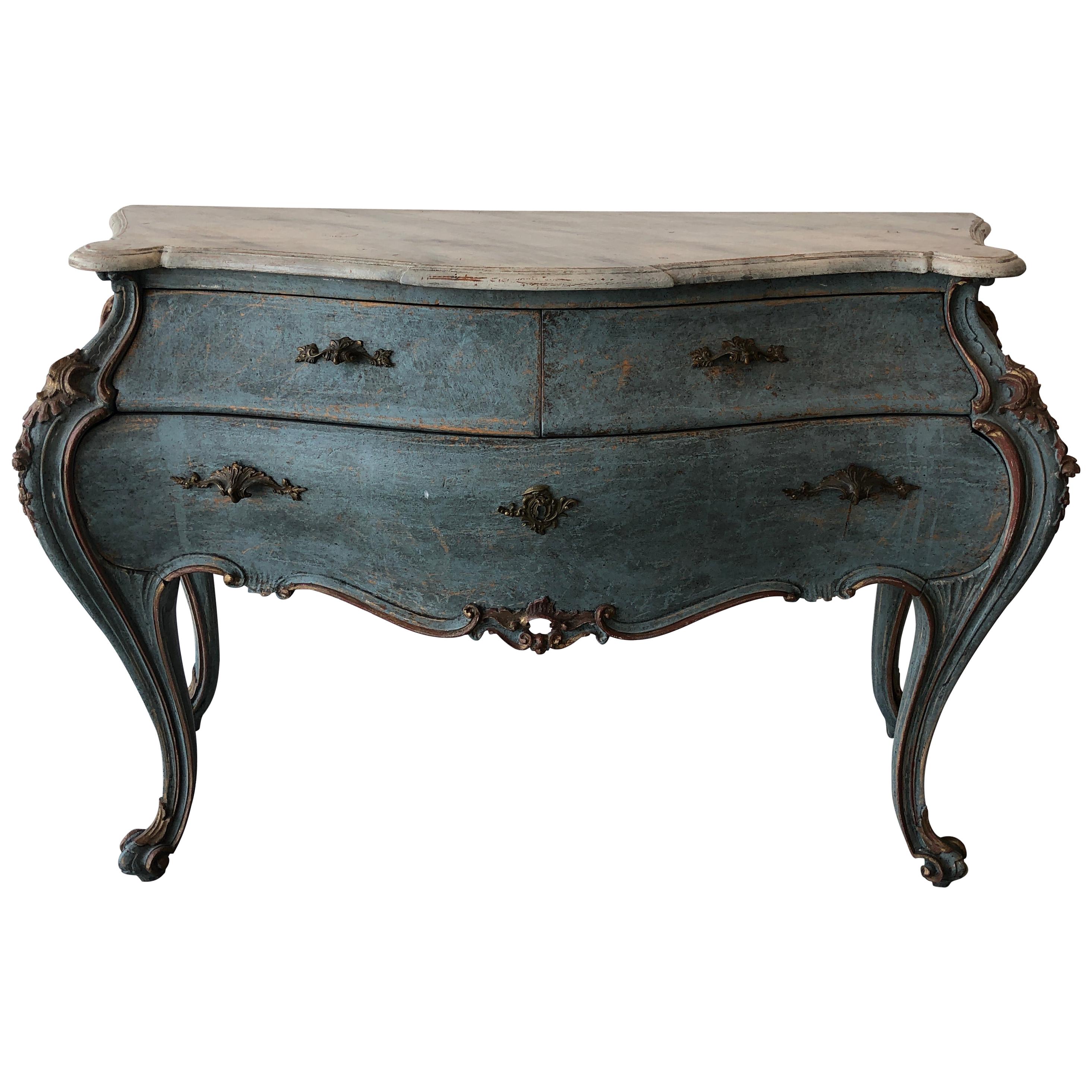 Antique Italian Rococo Style Blue Painted Sideboard Faux Marble Top ...