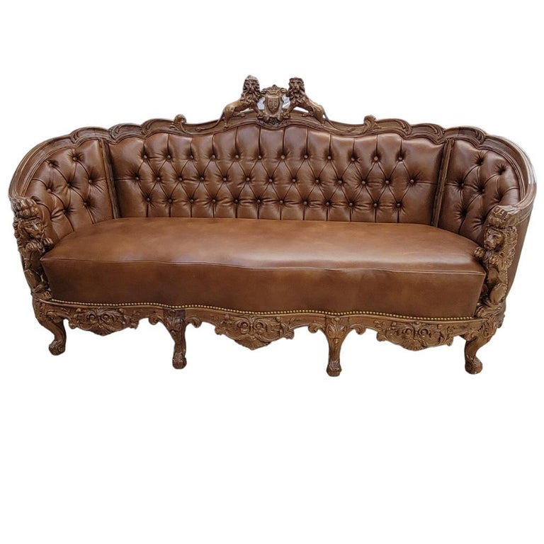 Antique Italian Rococo Style Figural Lion Tufted Italian Leather Parlor ...