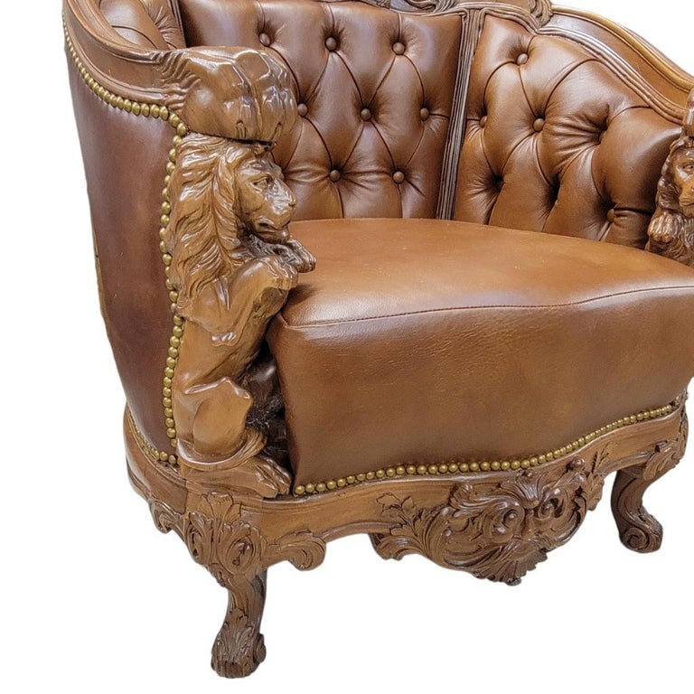 Antique Italian Rococo Style Figural Lion Tufted Italian Leather Parlor ...