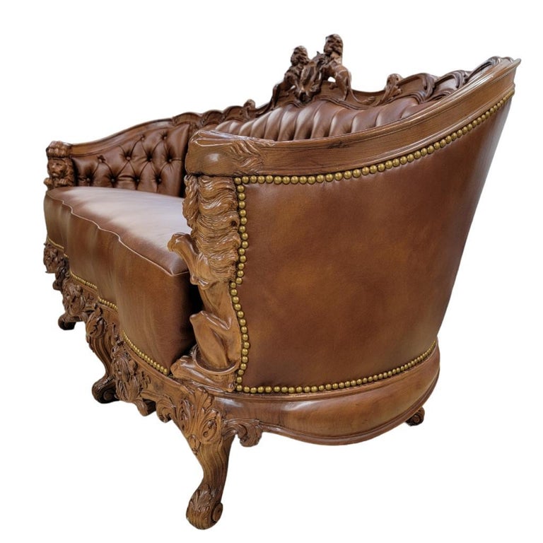 Antique Italian Rococo Style Figural Lion Tufted Italian Leather Parlor ...