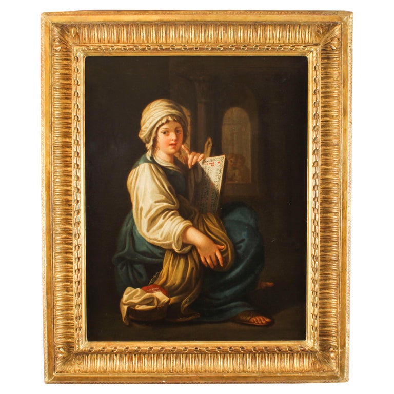 Antique Italian School Oil Painting "Young Lady Reading a Scroll" 19th ...