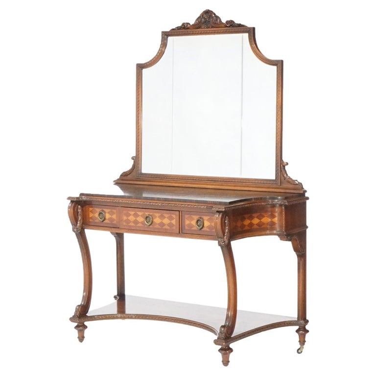 Coiffeuse ancienne de style italien en noyer et marqueterie de bois de ...