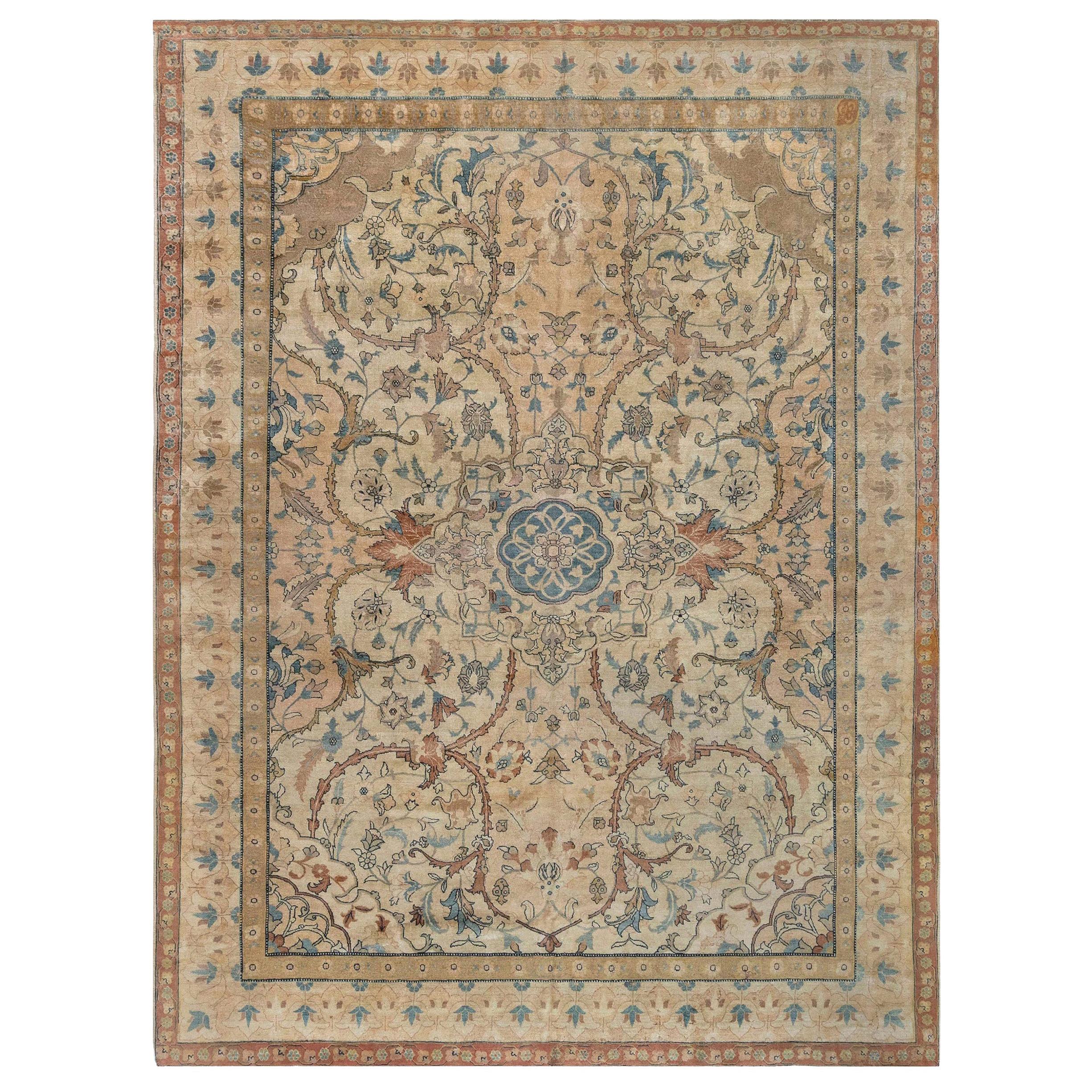 Antique Persian Tabriz Rug with Colorful Flower Motifs on Ivory Field ...