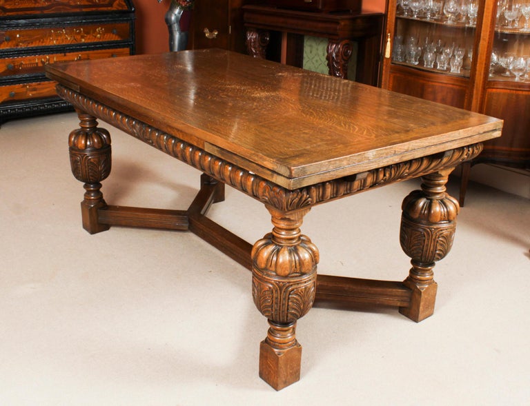 Antique Jacobean Revival Oak Refectory Dining Table and 6 Chairs 20th C ...