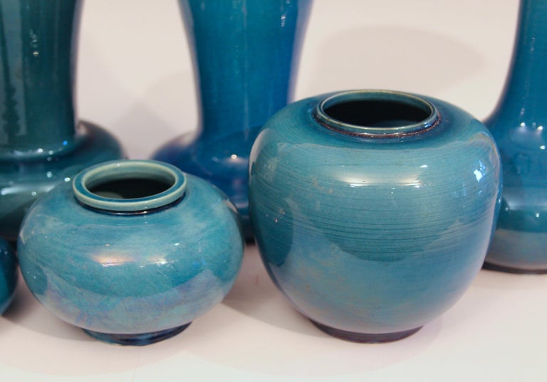 Antique Japanese Awaji Pottery Blue Monochrome Vases, Set of 6 at 1stDibs