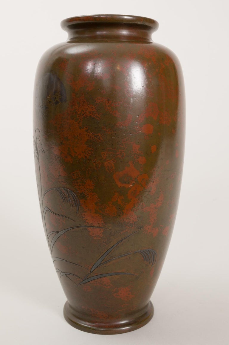 Antique Japanese Bronze Vase with Landscape and Red Patina For Sale at ...