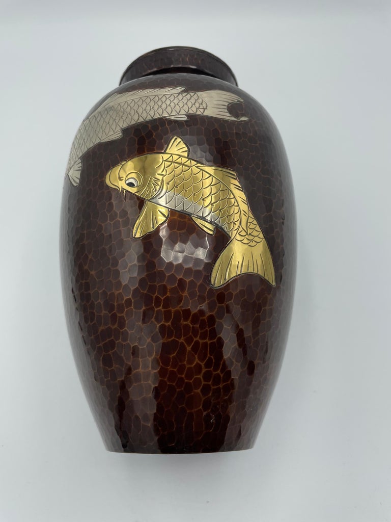 Antique Japanese Copper Flower Vase with Carps, 1980s For Sale at 1stDibs