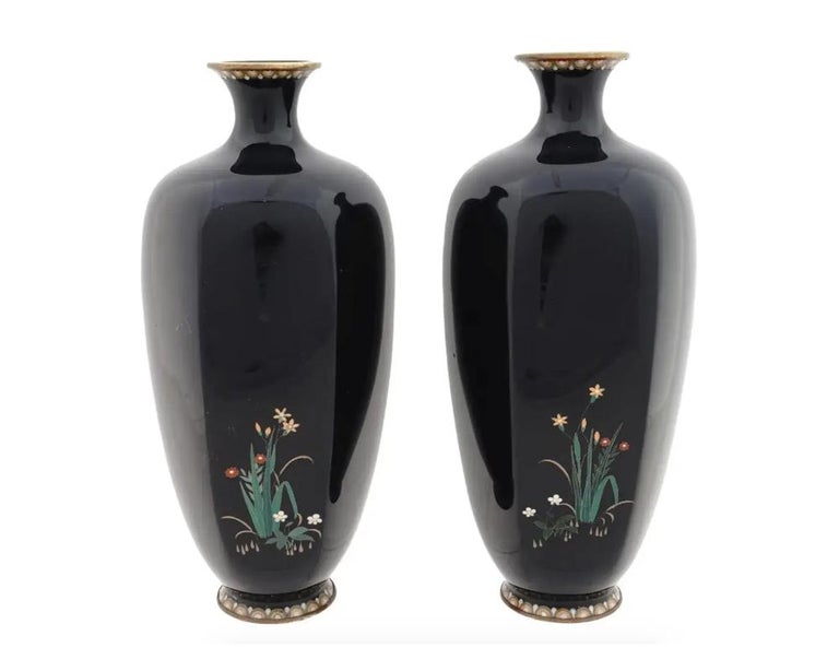 Antique Japanese Enamel Wisteria Vases Signed For Sale at 1stDibs